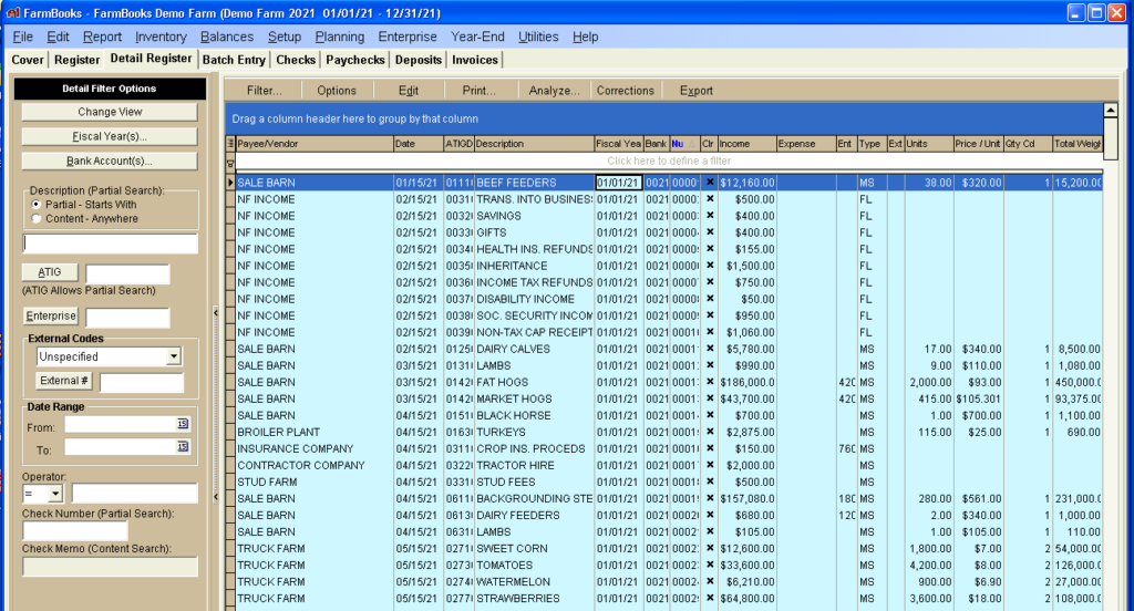 Detail Register - FarmBooks Accounting Software
